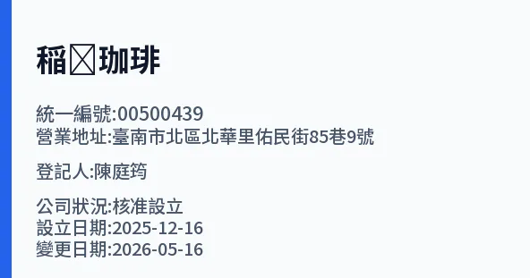 稲満珈琲的照片-統編 00500439(臺南市) 公司登記資料與營業項目詳細圖表