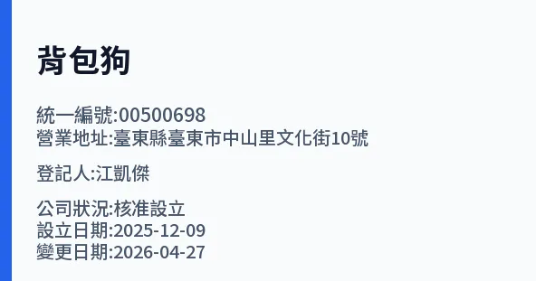 背包狗的照片-統編 00500698(臺東縣) 公司登記資料與營業項目詳細圖表