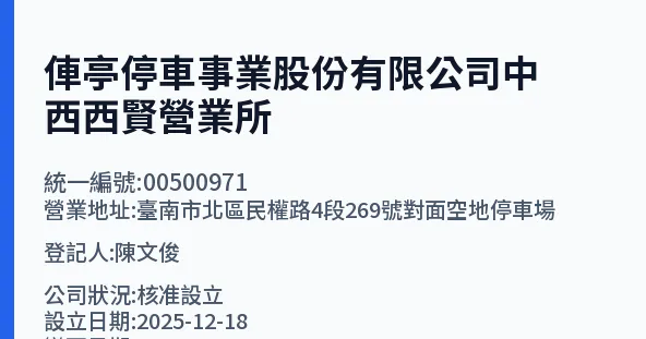 俥亭停車事業股份有限公司中西西賢營業所的照片-統編 00500971(臺南市) 公司登記資料與營業項目詳細圖表