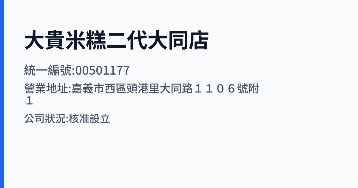 大貴米糕二代大同店 - 統編 00501177(嘉義市) 公司登記資料與營業項目詳細圖表