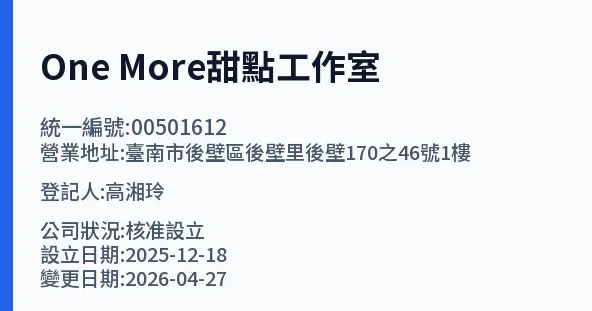 One More甜點工作室的照片-統編 00501612(臺南市) 公司登記資料與營業項目詳細圖表