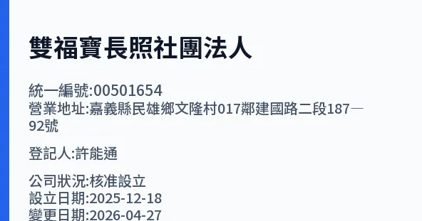 雙福寶長照社團法人的照片-統編 00501654(嘉義縣) 公司登記資料與營業項目詳細圖表