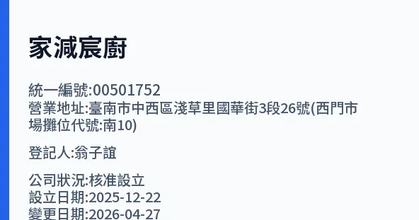 家減宸廚的照片-統編 00501752(臺南市) 公司登記資料與營業項目詳細圖表