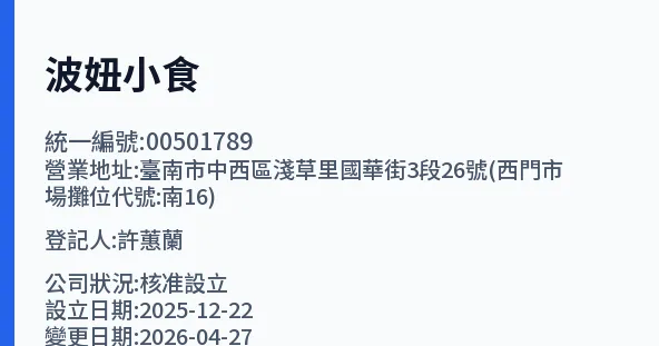 波妞小食的照片-統編 00501789(臺南市) 公司登記資料與營業項目詳細圖表