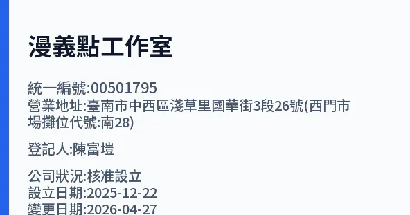 漫義點工作室的照片-統編 00501795(臺南市) 公司登記資料與營業項目詳細圖表