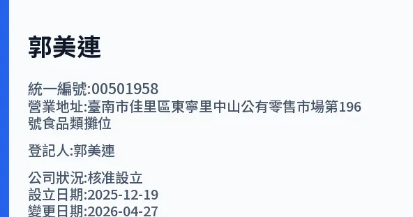 郭美連的照片-統編 00501958(臺南市) 公司登記資料與營業項目詳細圖表