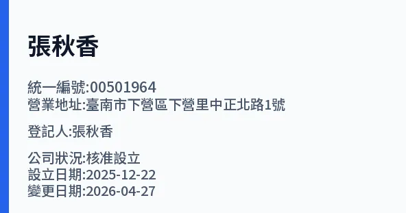 張秋香的照片-統編 00501964(臺南市) 公司登記資料與營業項目詳細圖表