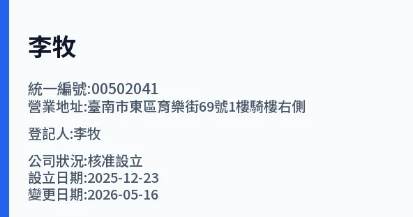 李牧的照片-統編 00502041(臺南市) 公司登記資料與營業項目詳細圖表