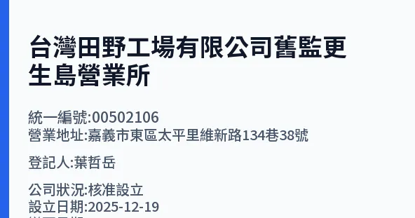 台灣田野工場有限公司舊監更生島營業所的照片-統編 00502106(嘉義市) 公司登記資料與營業項目詳細圖表