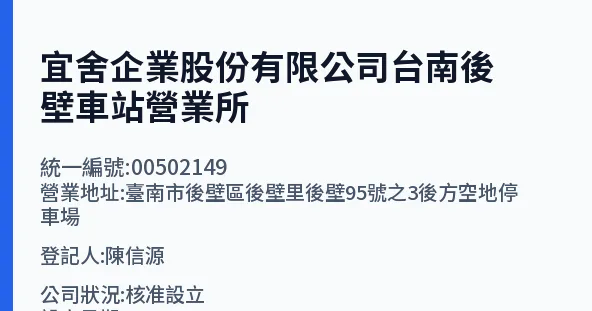宜舍企業股份有限公司台南後壁車站營業所的照片-統編 00502149(臺南市) 公司登記資料與營業項目詳細圖表