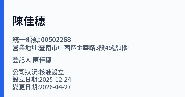 陳佳穗的照片-統編 00502268(臺南市) 公司登記資料與營業項目詳細圖表