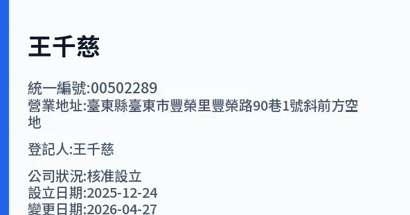 王千慈的照片-統編 00502289(臺東縣) 公司登記資料與營業項目詳細圖表