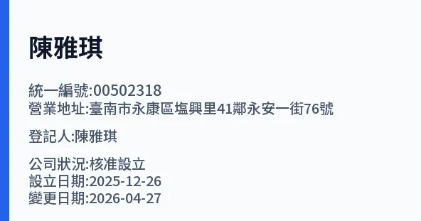 陳雅琪的照片-統編 00502318(臺南市) 公司登記資料與營業項目詳細圖表