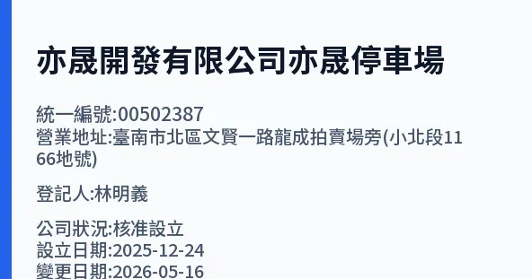 亦晟開發有限公司亦晟停車場的照片-統編 00502387(臺南市) 公司登記資料與營業項目詳細圖表