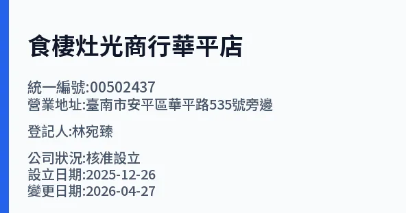 食棲灶光商行華平店的照片-統編 00502437(臺南市) 公司登記資料與營業項目詳細圖表