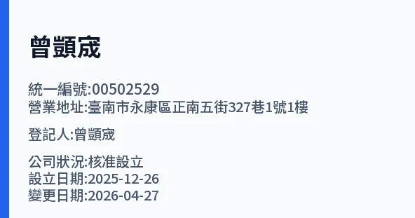 曾顗宬的照片-統編 00502529(臺南市) 公司登記資料與營業項目詳細圖表