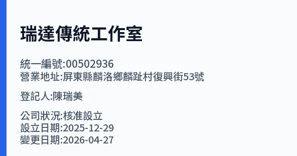 瑞達傳統工作室的照片-統編 00502936(屏東縣) 公司登記資料與營業項目詳細圖表