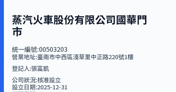蒸汽火車股份有限公司國華門市的照片-統編 00503203(臺南市) 公司登記資料與營業項目詳細圖表