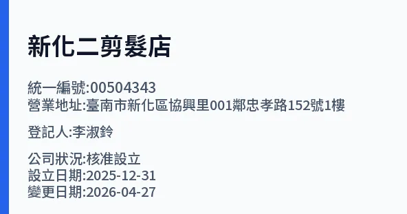 新化二剪髮店的照片-統編 00504343(臺南市) 公司登記資料與營業項目詳細圖表