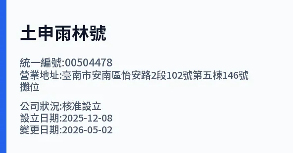 土申雨林號的照片-統編 00504478(臺南市) 公司登記資料與營業項目詳細圖表