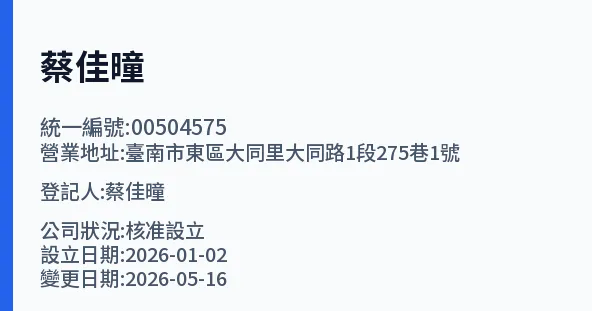 蔡佳曈的照片-統編 00504575(臺南市) 公司登記資料與營業項目詳細圖表