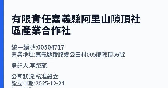 有限責任嘉義縣阿里山隙頂社區產業合作社的照片-統編 00504717(嘉義縣) 公司登記資料與營業項目詳細圖表