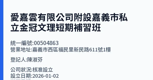 愛嘉雲有限公司附設嘉義市私立金冠文理短期補習班的照片-統編 00504863(嘉義市) 公司登記資料與營業項目詳細圖表