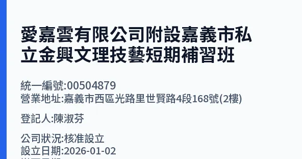 愛嘉雲有限公司附設嘉義市私立金興文理技藝短期補習班的照片-統編 00504879(嘉義市) 公司登記資料與營業項目詳細圖表
