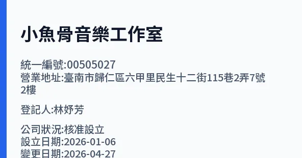 小魚骨音樂工作室的照片-統編 00505027(臺南市) 公司登記資料與營業項目詳細圖表