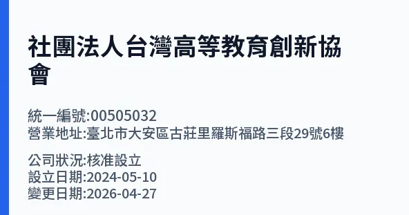 社團法人台灣高等教育創新協會的照片-統編 00505032(臺北市) 公司登記資料與營業項目詳細圖表