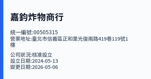 嘉鈞炸物商行的照片-統編 00505315(臺北市) 公司登記資料與營業項目詳細圖表