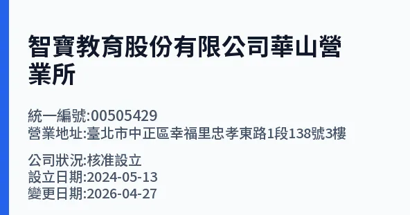 智寶教育股份有限公司華山營業所的照片-統編 00505429(臺北市) 公司登記資料與營業項目詳細圖表