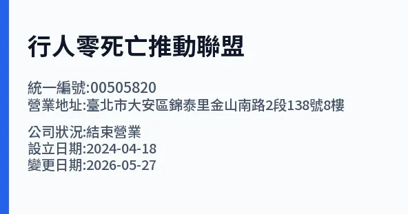 行人零死亡推動聯盟的照片-統編 00505820(臺北市) 公司登記資料與營業項目詳細圖表