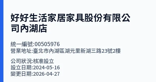 好好生活家居家具股份有限公司內湖店的照片-統編 00505976(臺北市) 公司登記資料與營業項目詳細圖表