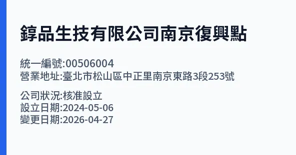 錞品生技有限公司南京復興點的照片-統編 00506004(臺北市) 公司登記資料與營業項目詳細圖表