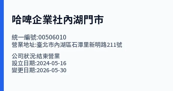 哈啤企業社內湖門市的照片-統編 00506010(臺北市) 公司登記資料與營業項目詳細圖表