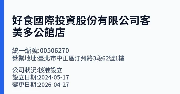 好食國際投資股份有限公司客美多公館店的照片-統編 00506270(臺北市) 公司登記資料與營業項目詳細圖表