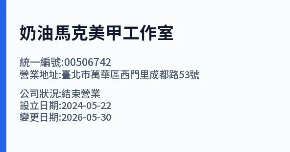 奶油馬克美甲工作室的照片-統編 00506742(臺北市) 公司登記資料與營業項目詳細圖表