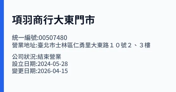 項羽商行大東門市的照片-統編 00507480(臺北市) 公司登記資料與營業項目詳細圖表