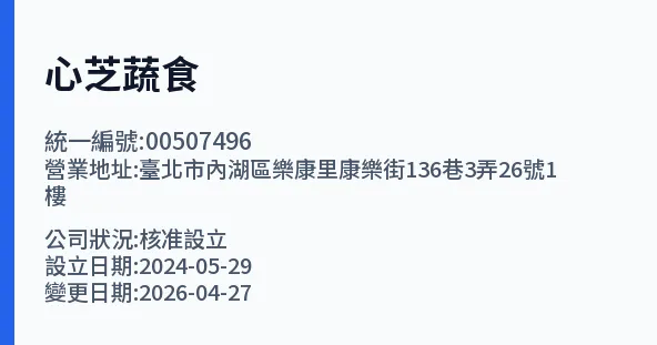 心芝蔬食的照片-統編 00507496(臺北市) 公司登記資料與營業項目詳細圖表