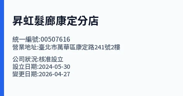 昇虹髮廊康定分店的照片-統編 00507616(臺北市) 公司登記資料與營業項目詳細圖表