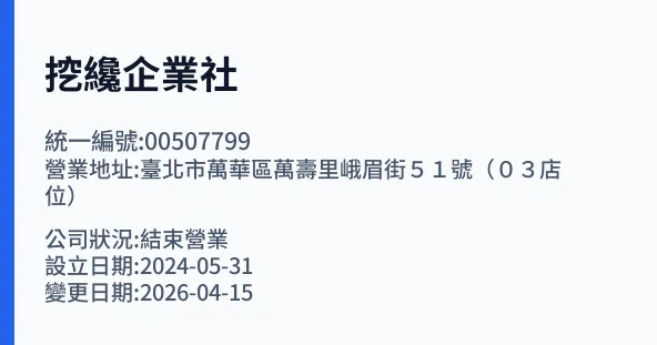 挖纔企業社的照片-統編 00507799(臺北市) 公司登記資料與營業項目詳細圖表