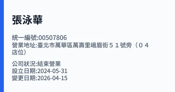 張泳華的照片-統編 00507806(臺北市) 公司登記資料與營業項目詳細圖表