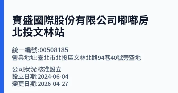 寶盛國際股份有限公司嘟嘟房北投文林站的照片-統編 00508185(臺北市) 公司登記資料與營業項目詳細圖表