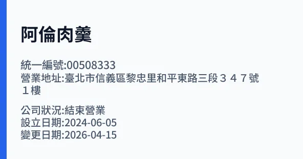 阿倫肉羹的照片-統編 00508333(臺北市) 公司登記資料與營業項目詳細圖表