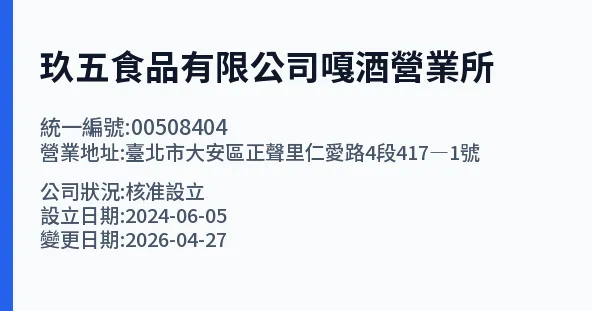 玖五食品有限公司嘎酒營業所的照片-統編 00508404(臺北市) 公司登記資料與營業項目詳細圖表