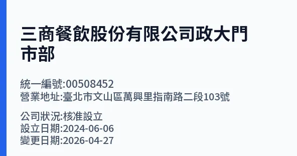 三商餐飲股份有限公司政大門市部的照片-統編 00508452(臺北市) 公司登記資料與營業項目詳細圖表