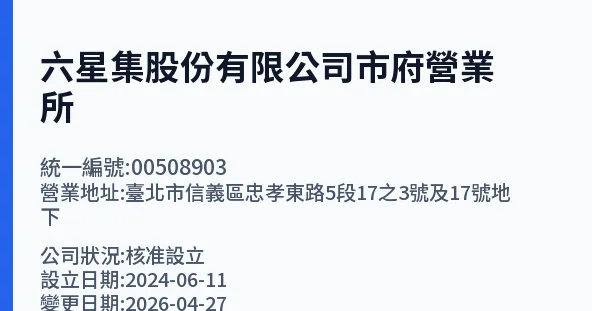六星集股份有限公司市府營業所的照片-統編 00508903(臺北市) 公司登記資料與營業項目詳細圖表
