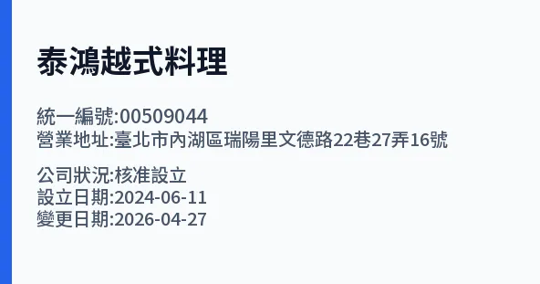 泰鴻越式料理的照片-統編 00509044(臺北市) 公司登記資料與營業項目詳細圖表