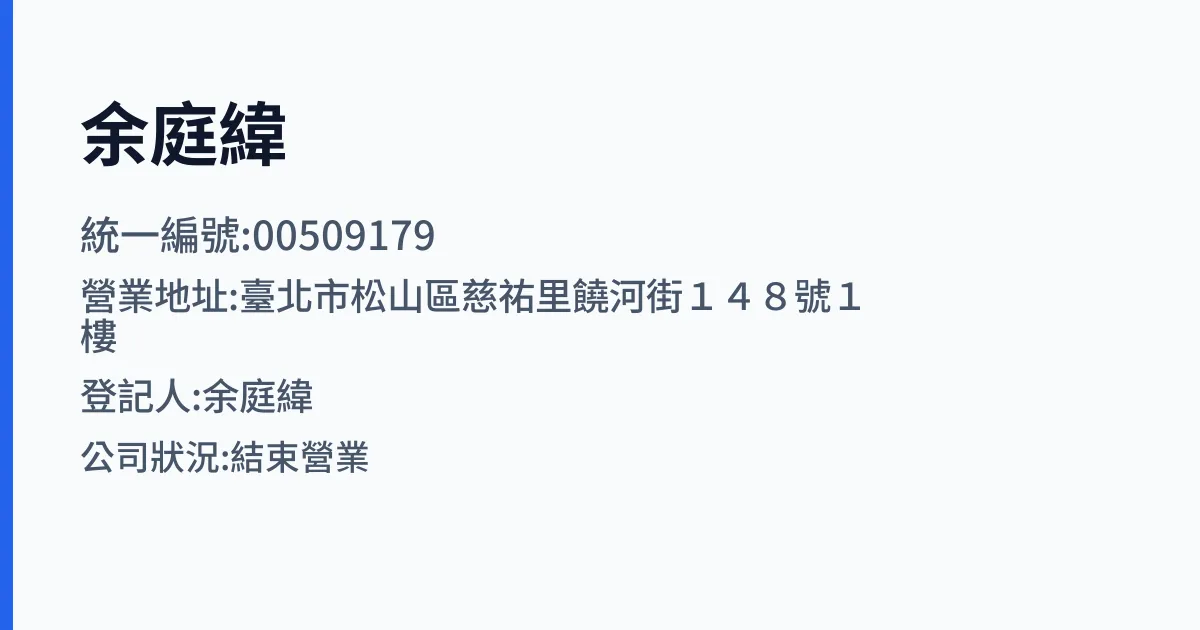 余庭緯 - 統編 00509179(臺北市) 公司登記資料與營業項目詳細圖表